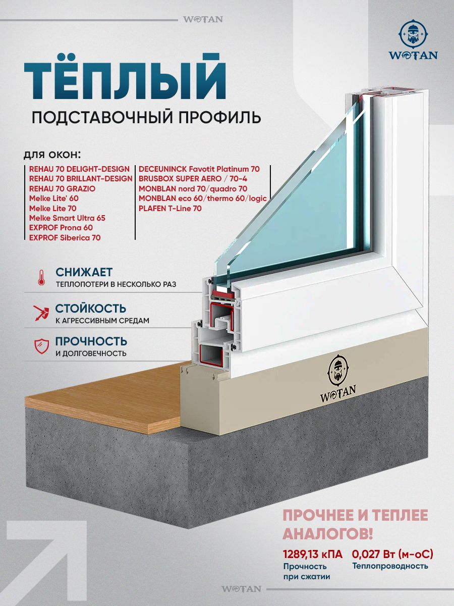 Тёплый подставочный профиль Wotan 38X45X1190 мм для окон ПВХ профиля REHAU (Рехау) бежевый