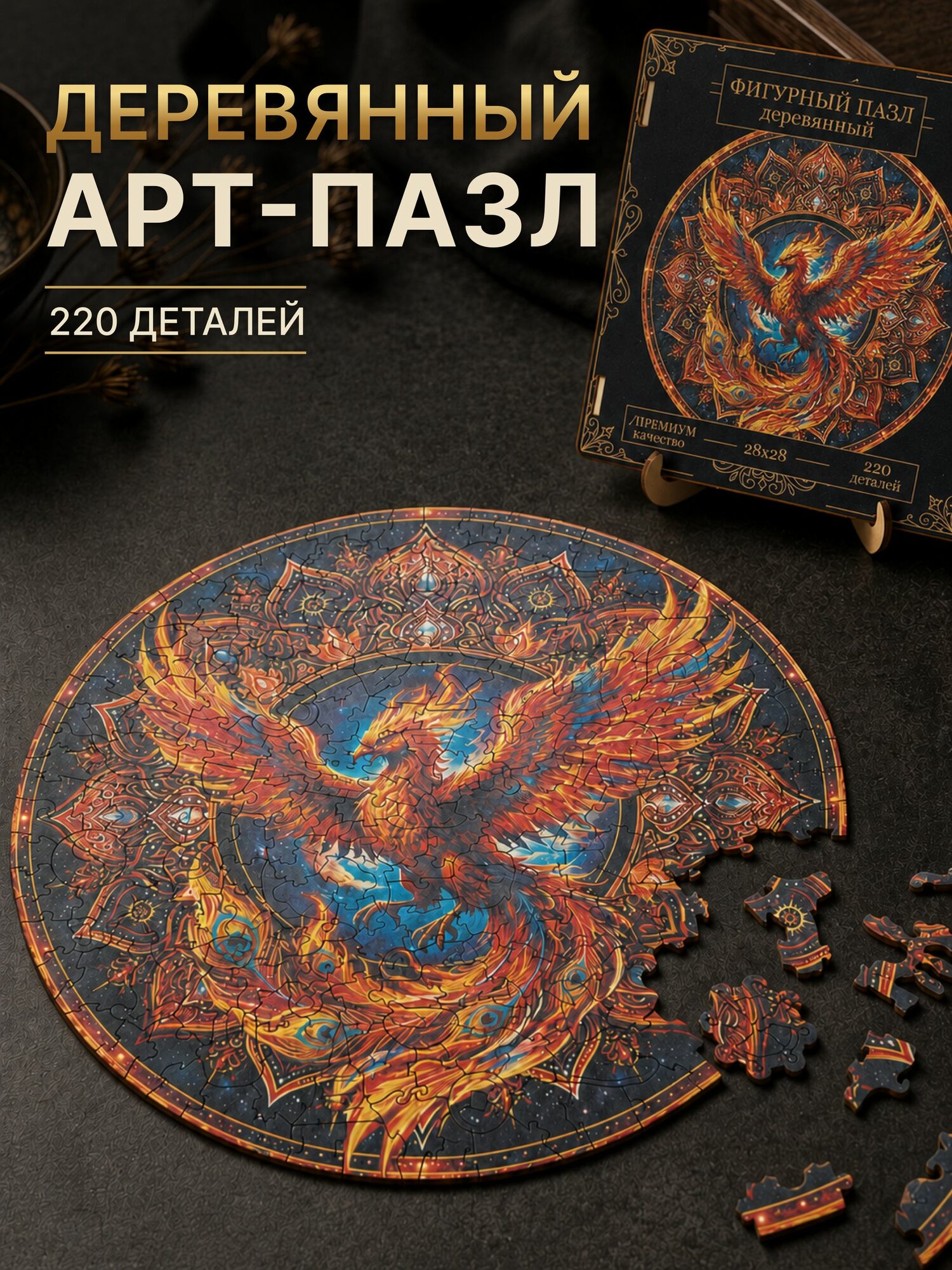 Деревянный пазл Феникс мандала 220 деталей, круглый фигурный арт-пазл, антистресс для взрослых и подростков