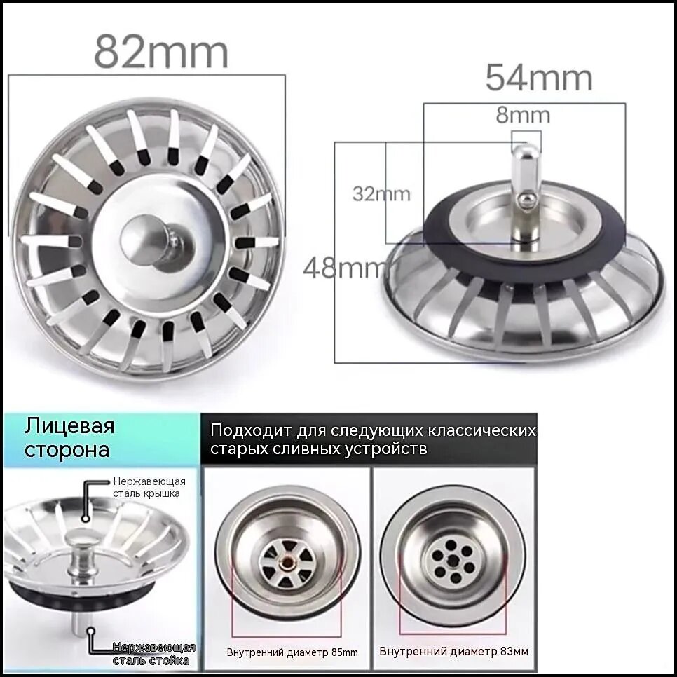 82mm/Заглушка-сетка для раковины из нержавеющей стали, универсальный сливной клапан 3.5 дюйма, противозаторная решетка и пробка для кухонной мойки, защита от засоров