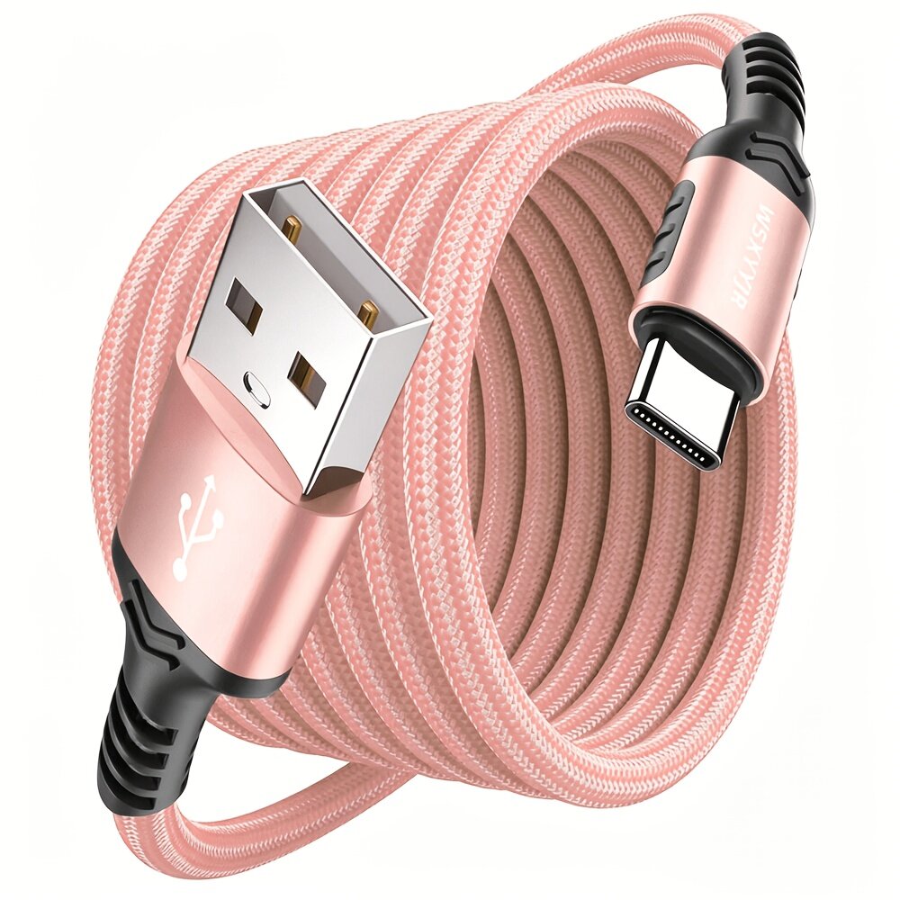 Кабель USB-C для быстрой зарядки и передачи данных 60 Вт, нейлоновый плетёный, прочный, розовое золото, 200 см