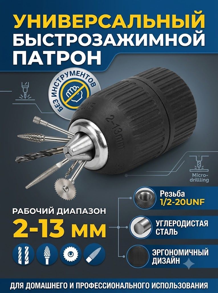 Быстрозажимной сверлильный патрон 0,8-10 мм с быстрозажимным шестигранным хвостовиком SDS-Plus и квадратным адаптером для сверления металла и дерева
