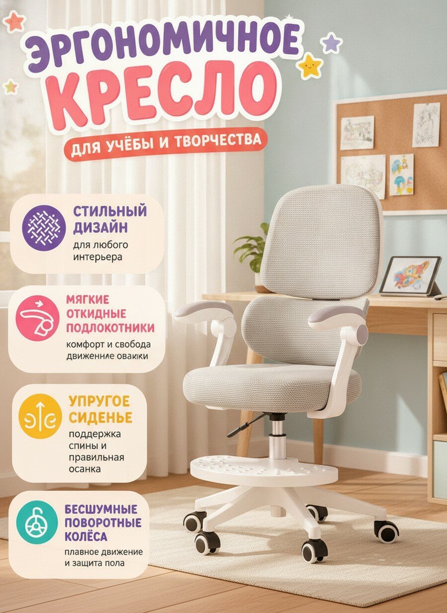 Детское эргономичное учебное кресло 3-18 лет, регулируемое сиденье, подставка, анти-качение, Серый