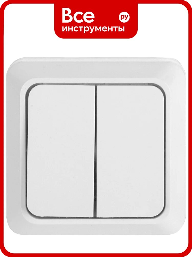 Выключатель двухклавишный General Lighting Systems открытой установки, накладной, IP20, 10А - 250В, белый серия "Альфа", упаковка 10 штук 477002