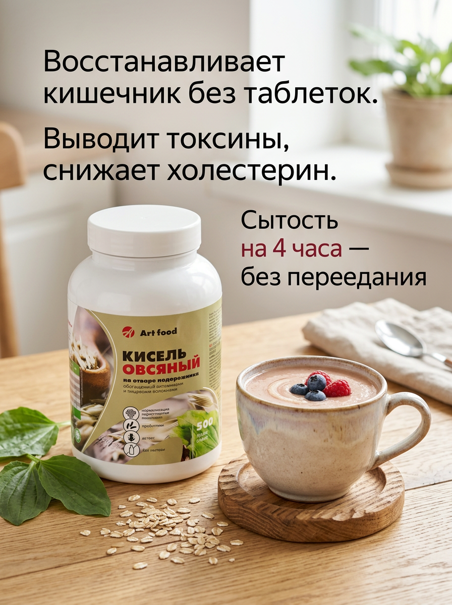 Кисель Овсяный на отваре подорожника Арт Лайф. Обогащен витаминами и пищевыми волокнами. Улучшает работу ЖКТ. 500 гр.