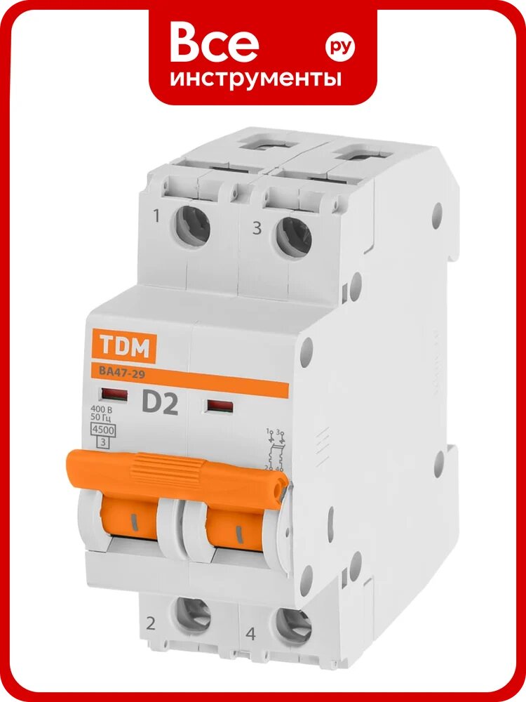 Автоматический выключатель TDM ELECTRIC ВА47-29 2Р 2А 4.5кА D SQ0206-0149