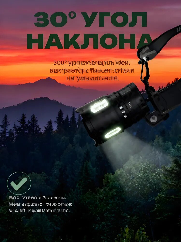 Налобный фонарь-прожектор 800м 1000 Люмен 20Вт с функцией Powerbank и Zoom, IPX6, черный — фото 1