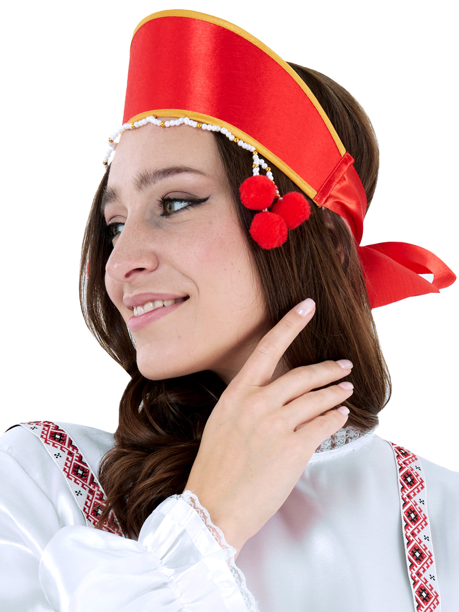 Русский народный кокошник красный с помпонами и бусинами (20976) универсальный