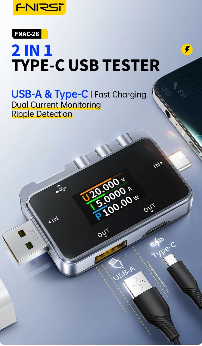 FNIRSI FNAC-28 2 в 1 тип-C USB тестер 6.5A цифровой вольтометр ток метр амметр напряжение ток тестер кабель зарядное устройство тест