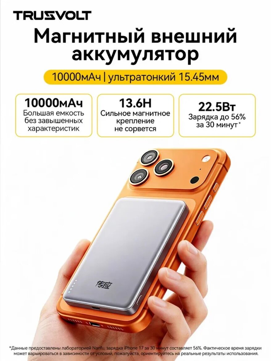 TRUSVOLT Внешний аккумулятор Power bank Повербанк A1104 MagSafe беспроводной, 10000 мАч, 22.5 Вт, серый, T1001