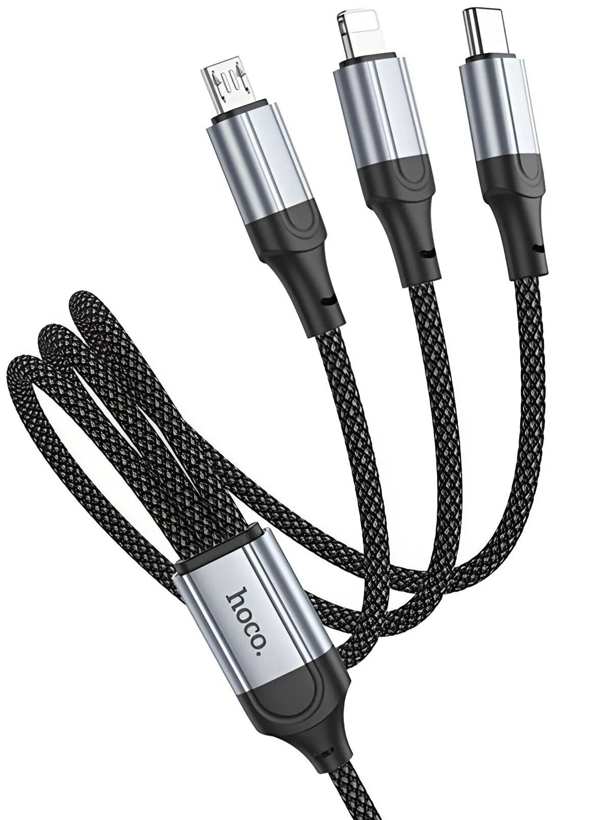 Кабель USB 3 в 1 USB - Type-C + Lightning + MicroUSB, 2.4А, 1 м, черный
