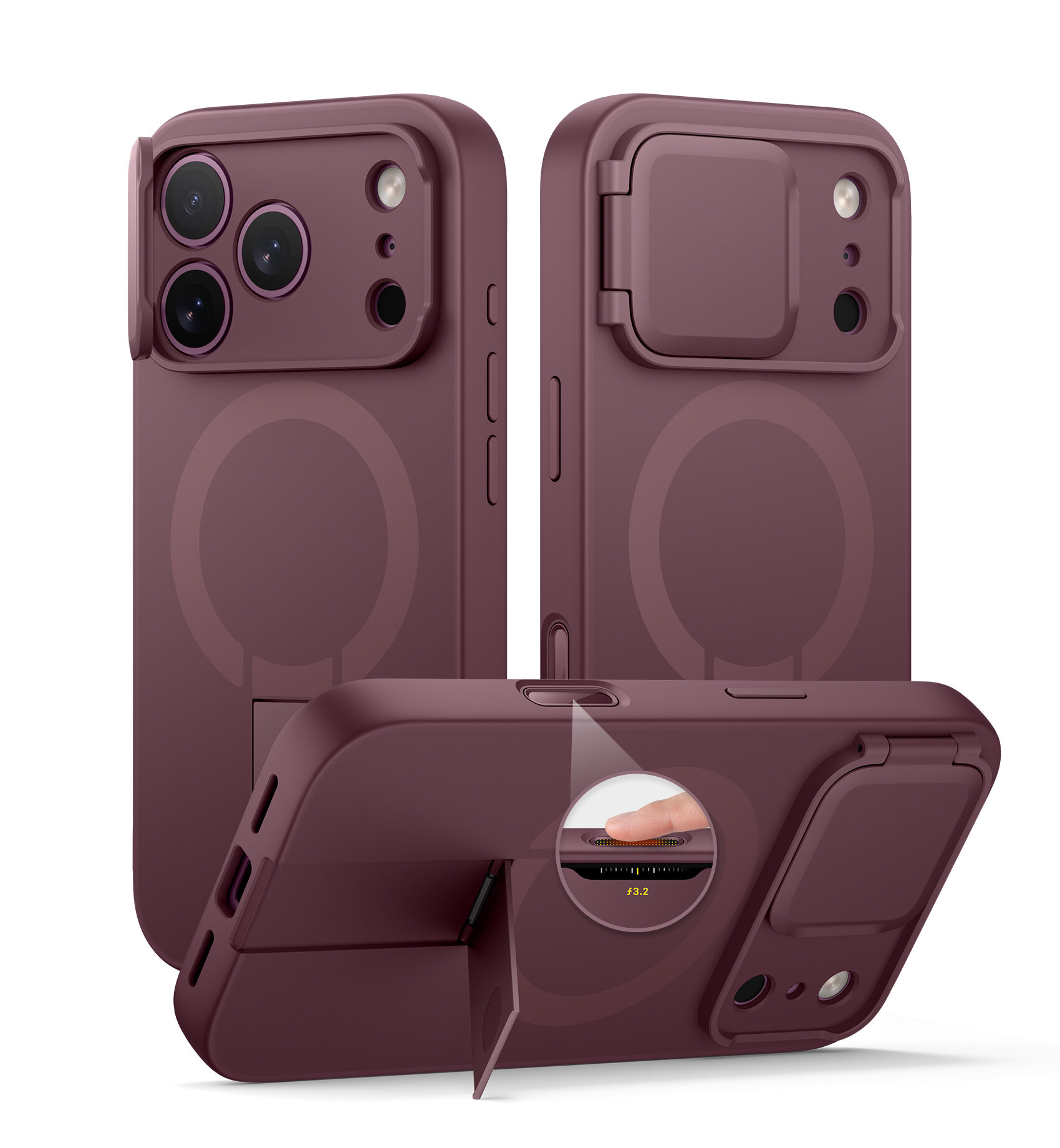 Магнитный чехол SURITCH для iPhone 18 Pro и iPhone 17 Pro, с регулируемой металлической подставкой, бордовый