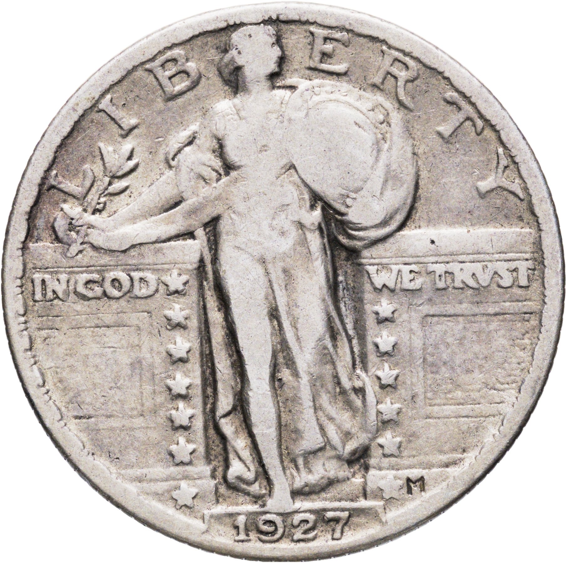 США 25 центов квотер, 1/4 доллара, quarter dollar 1927 Standing Liberty Quarter Без отметки монетного двора, Серебро 900, в сохранности VF