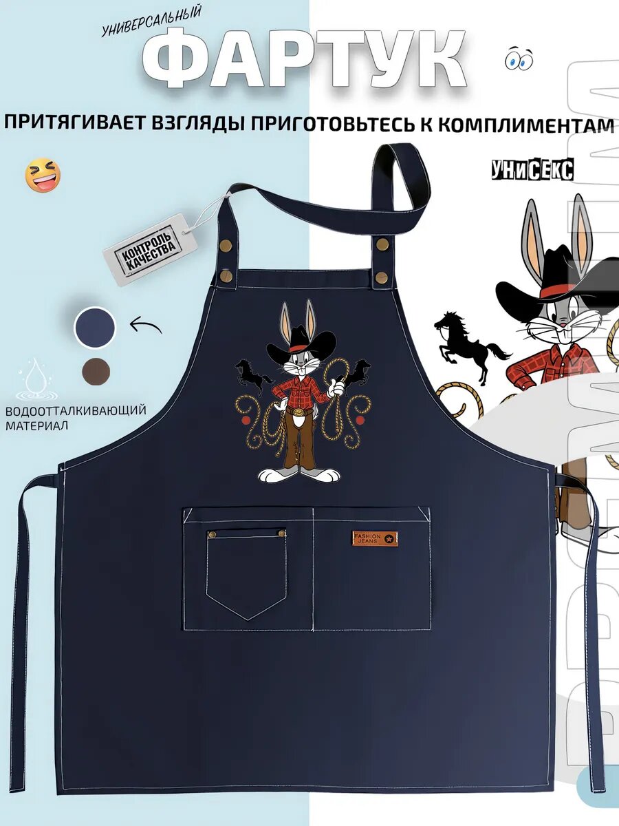 Фартук Багз Банни Bugs Bunny мультфильм ковбой лассо кухонный с принтом универсальный