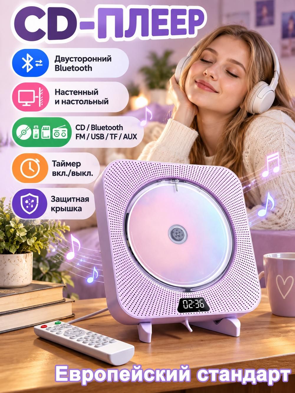 Настенный CD-проигрыватель с Bluetooth 5.3, белый