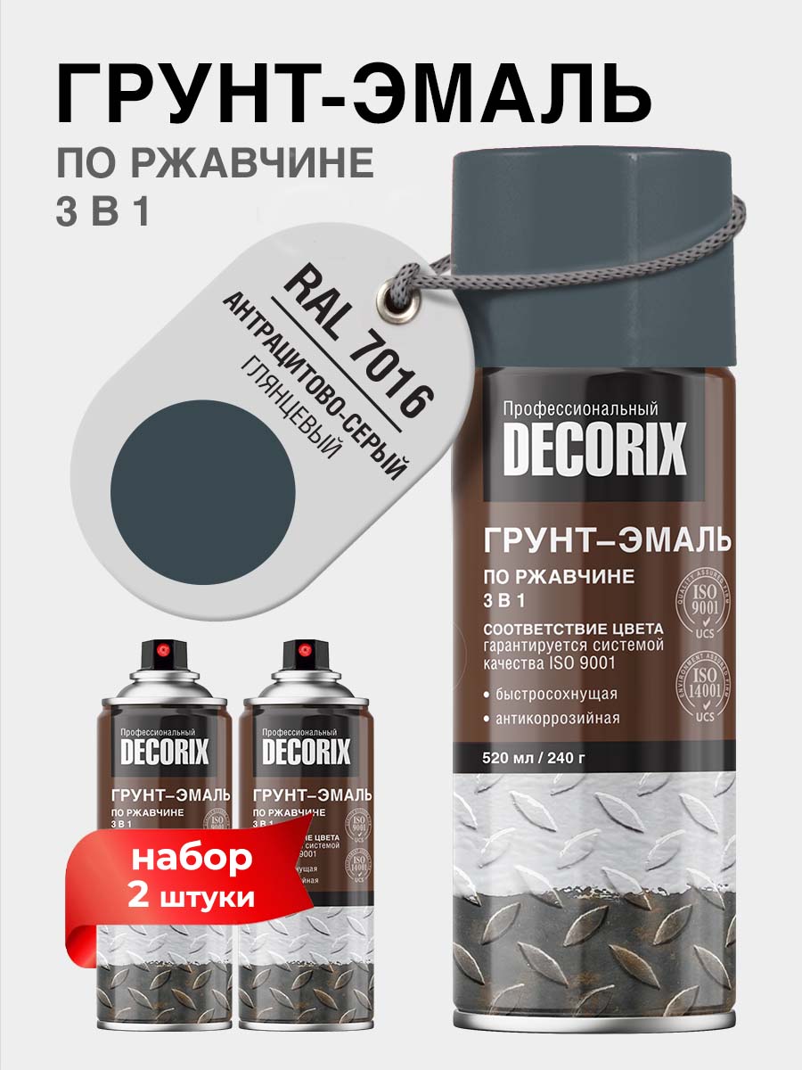 Аэрозольная грунт-эмаль по ржавчине 3 в 1 RAL 7016, антрацитово-серый - краска для металла RAL PROFESSIONAL DECORIX 520 мл - комплект 2 шт