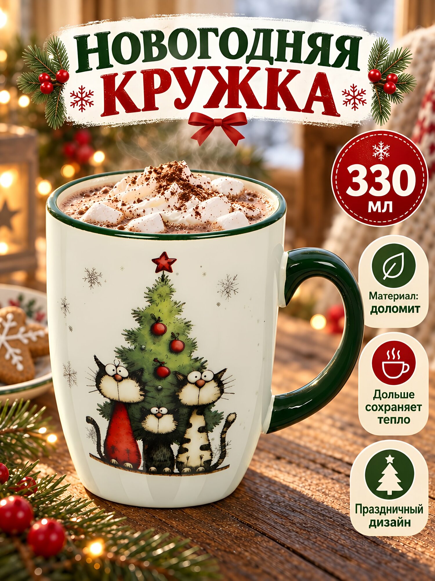 Кружка доломитовая Daniks «Пушистые праздники», зеленая, с новогодним рисунком
