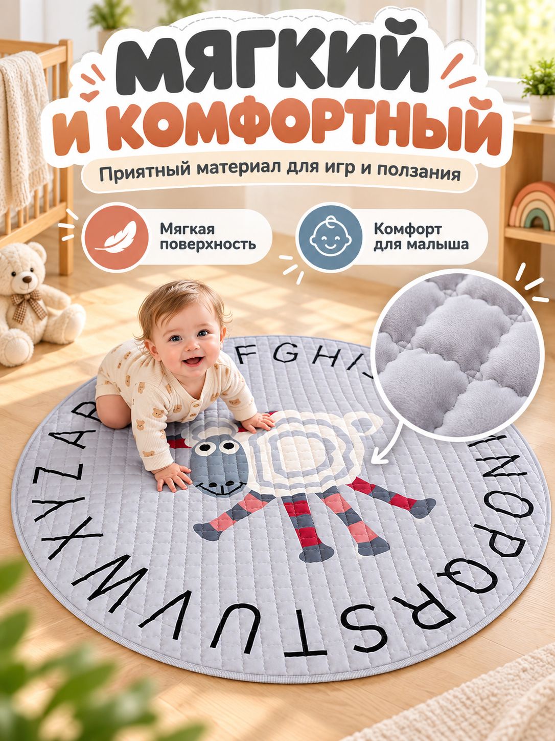 Детский коврик мешок для ползания малыша на пол "Мишки на севере", ковер в детскую комнату круглый развивающий игровой мягкий теплый для нов