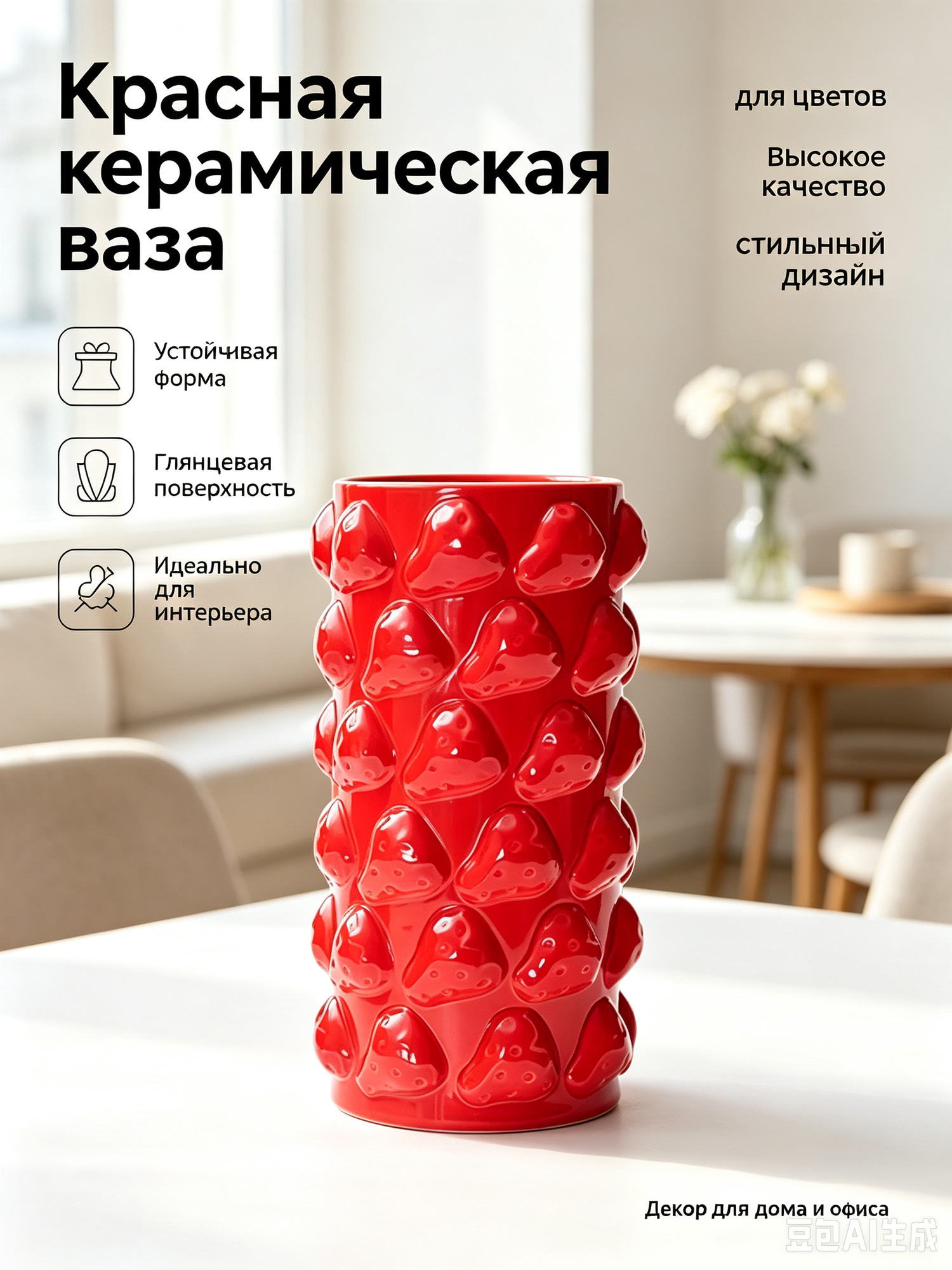 Ваза керамическая в форме клубники, настольная, глянцевая, красная, 17×9 см, декоративная, ручная работа