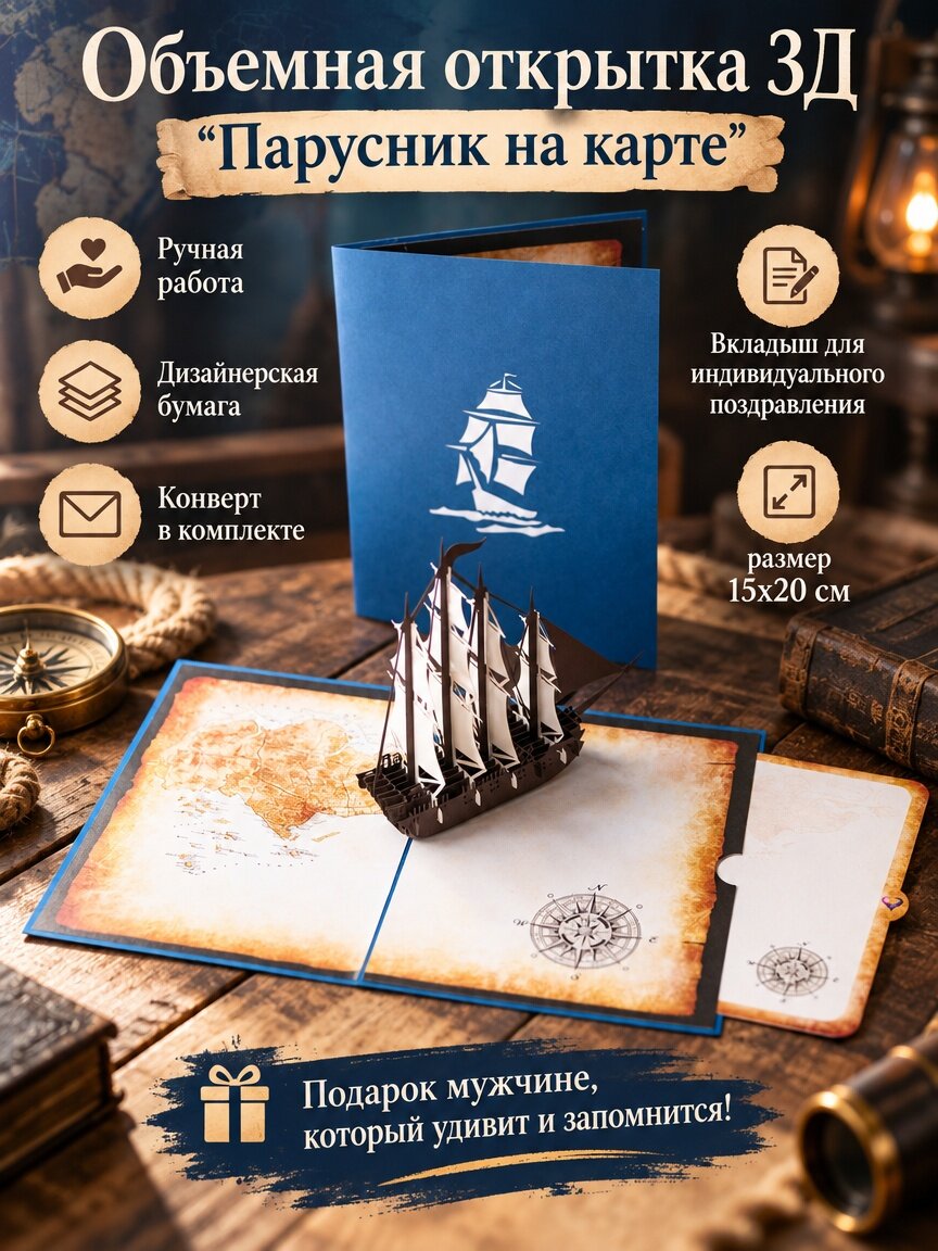 Открытка объёмная SOULMATE 3D Парусник 15*20 см Подарок мужчине