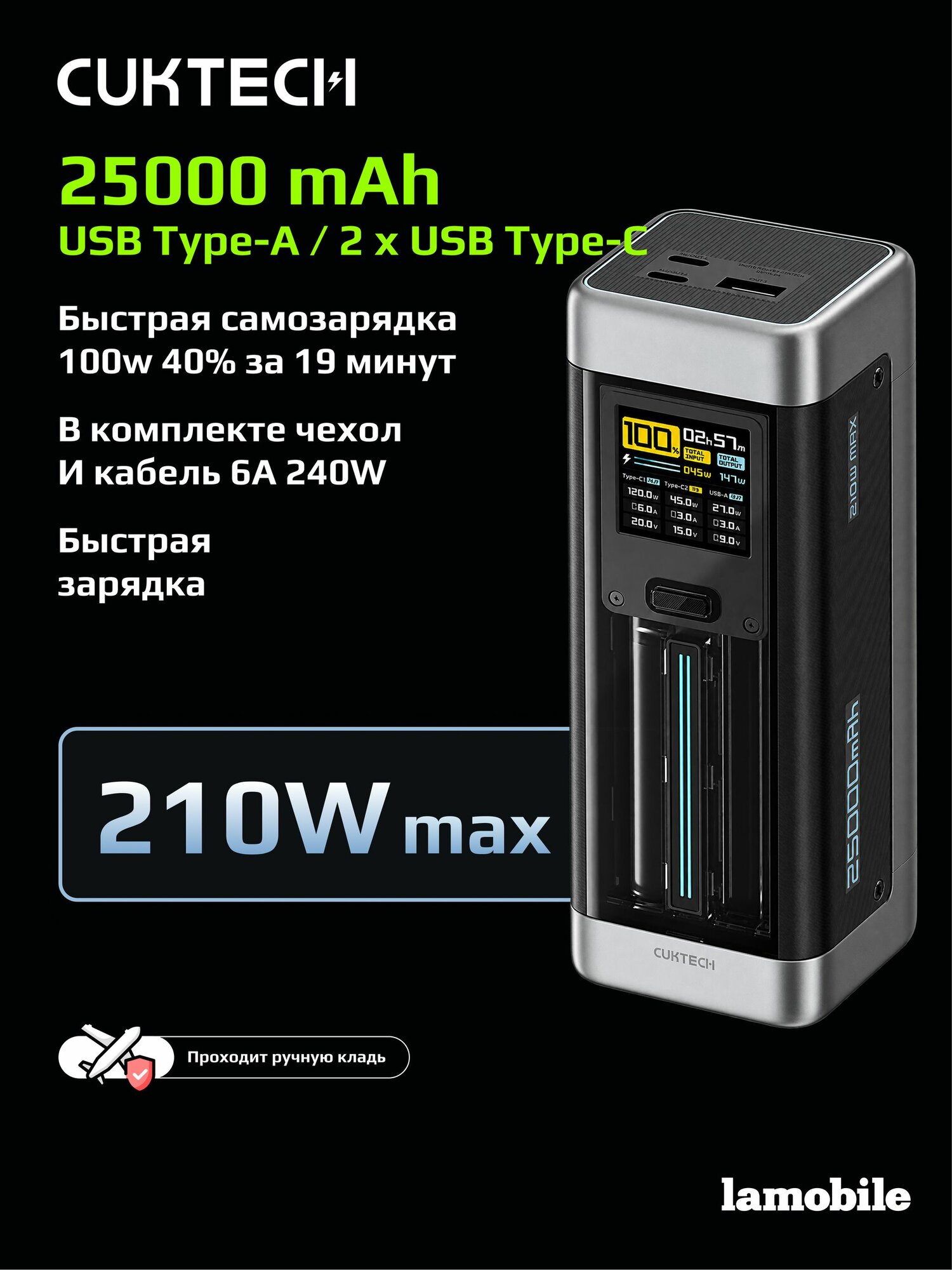 Внешний аккумулятор Power Bank CUKTECH P23 25000mAh (Black)