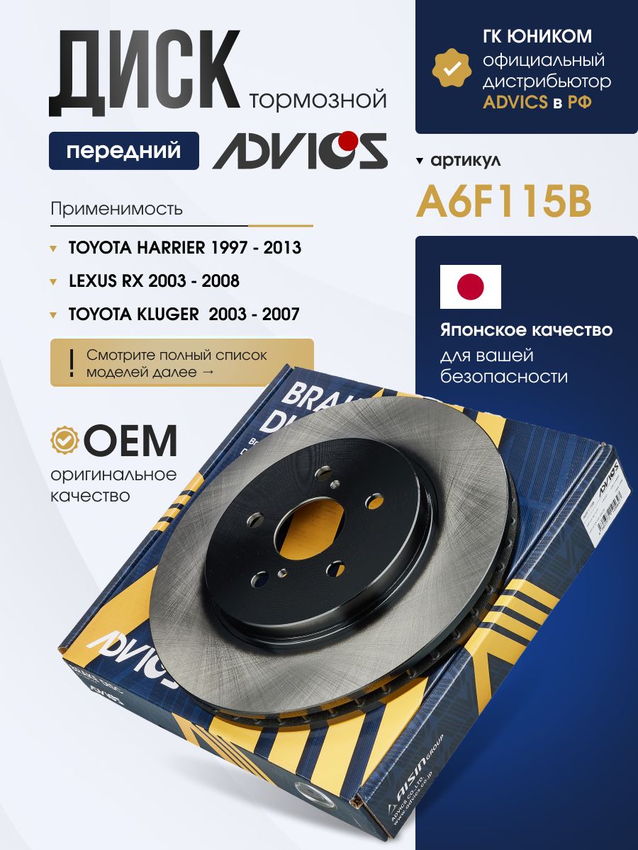 Диск тормозной передний LEXUS RX 350 GSU35L (03-08), TOYOTA HARRER XU30 (03-12) ADVICS A6F115B