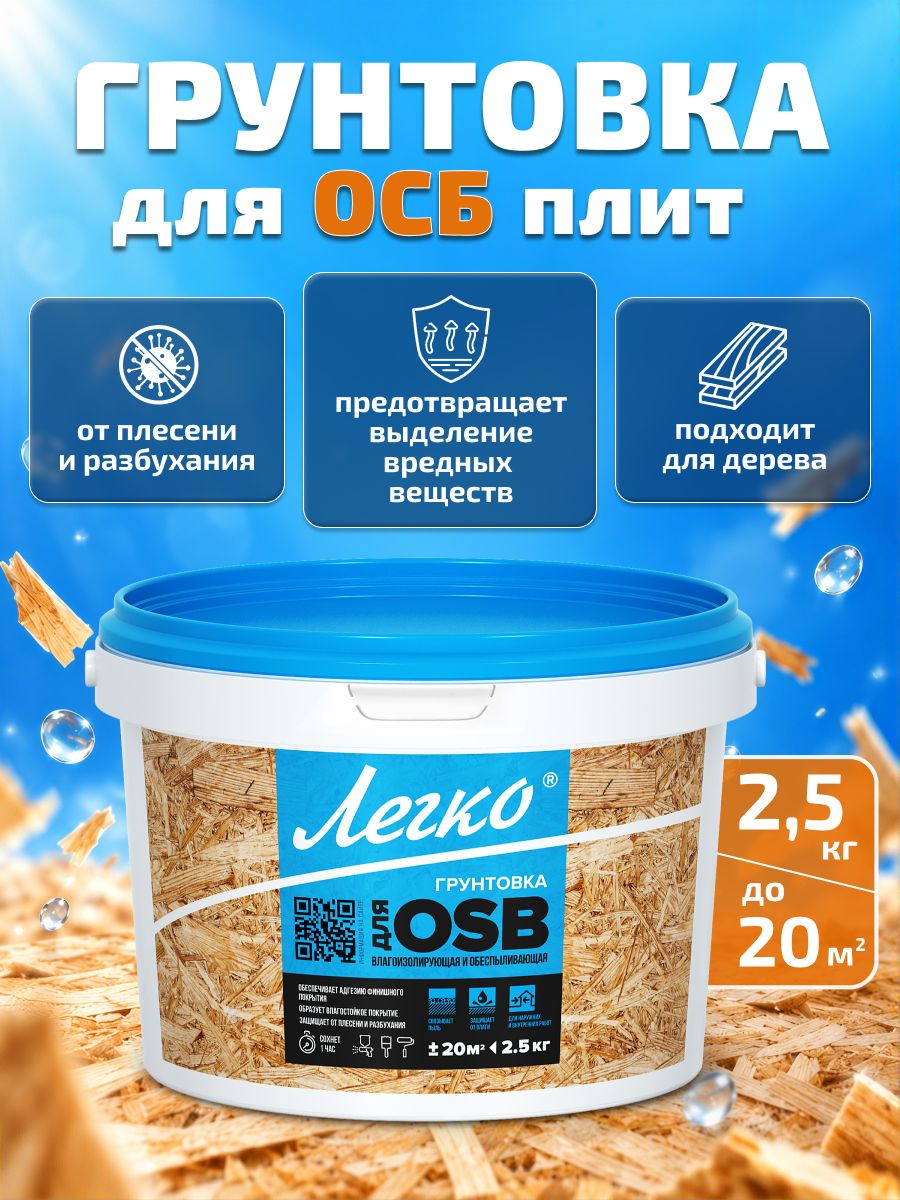 Грунтовка для ОСБ плит Легко, акриловая, влагоизолирующая, обеспыливающая, от плесени и разбухания, под покраску, 2,5 кг