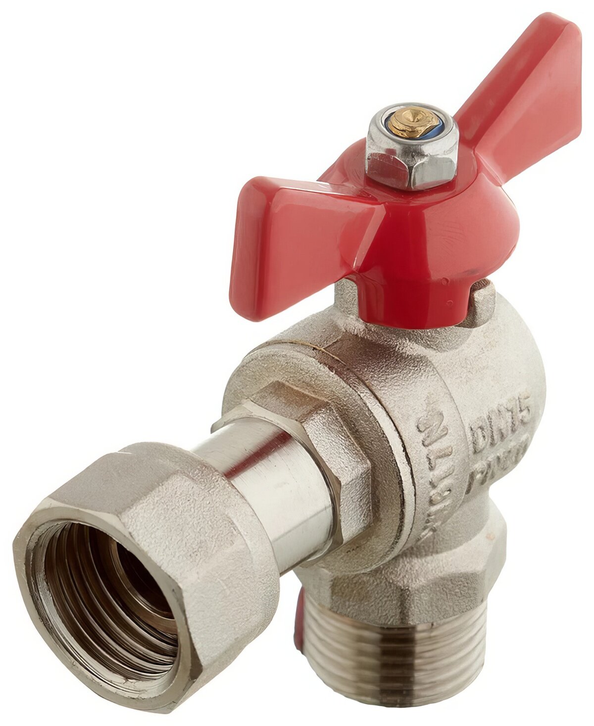 Кран шаровой латунный Valtec Base 1/2 ВР(г) х 1/2 НР(ш) бабочка с накидной гайкой угловой (VT.267. N.0404)