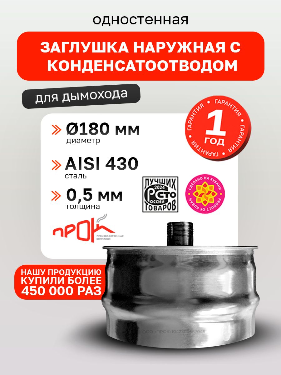 Заглушка для ревизии с конденсатоотводом 1/2 наружная мама D 180 мм 0,5/430 нерж "Прок", аксессуар или запасная часть дл
