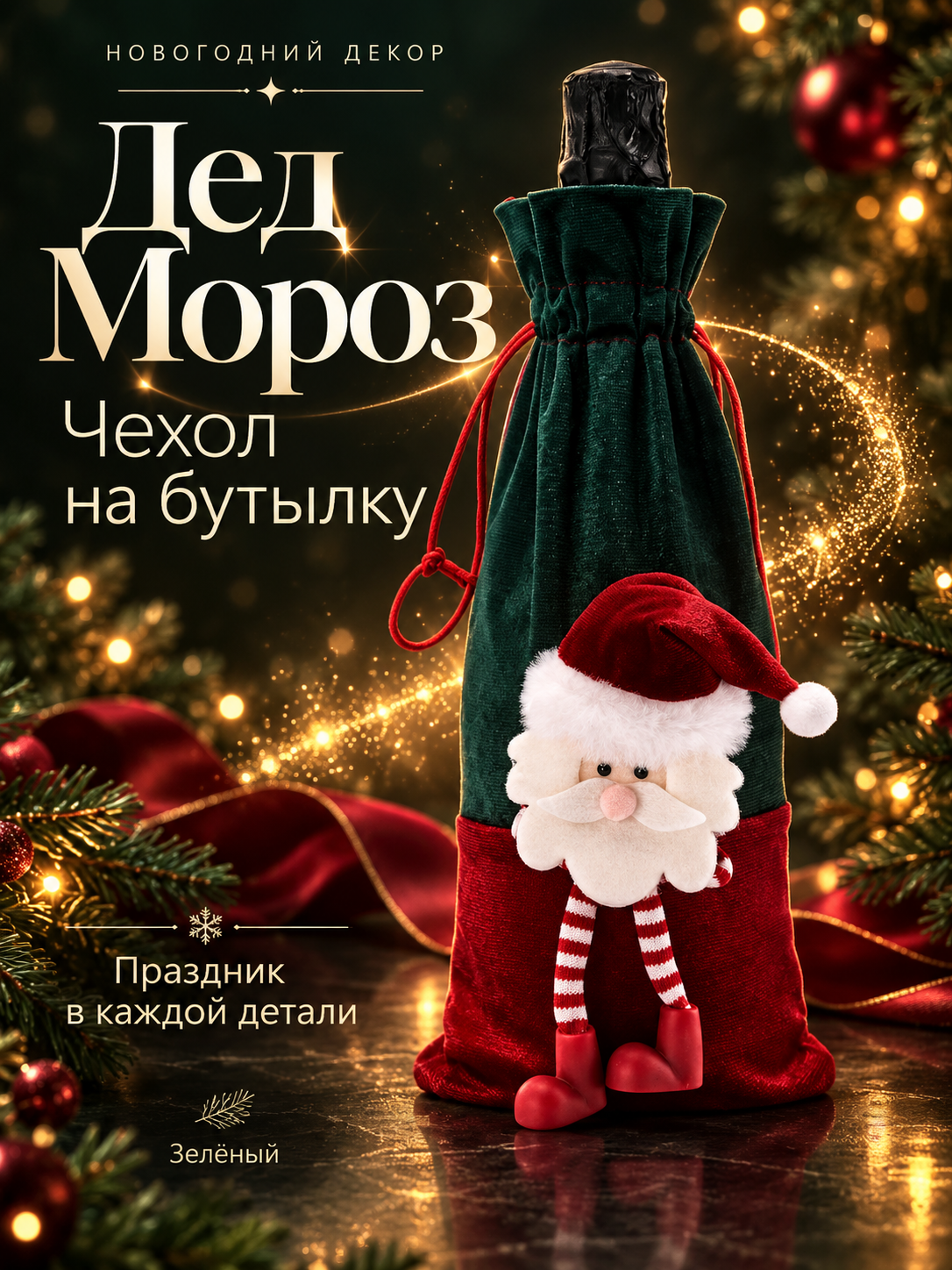 Чехол на бутылку «Дед Мороз», зелёный, для праздничных мероприятий и торжеств