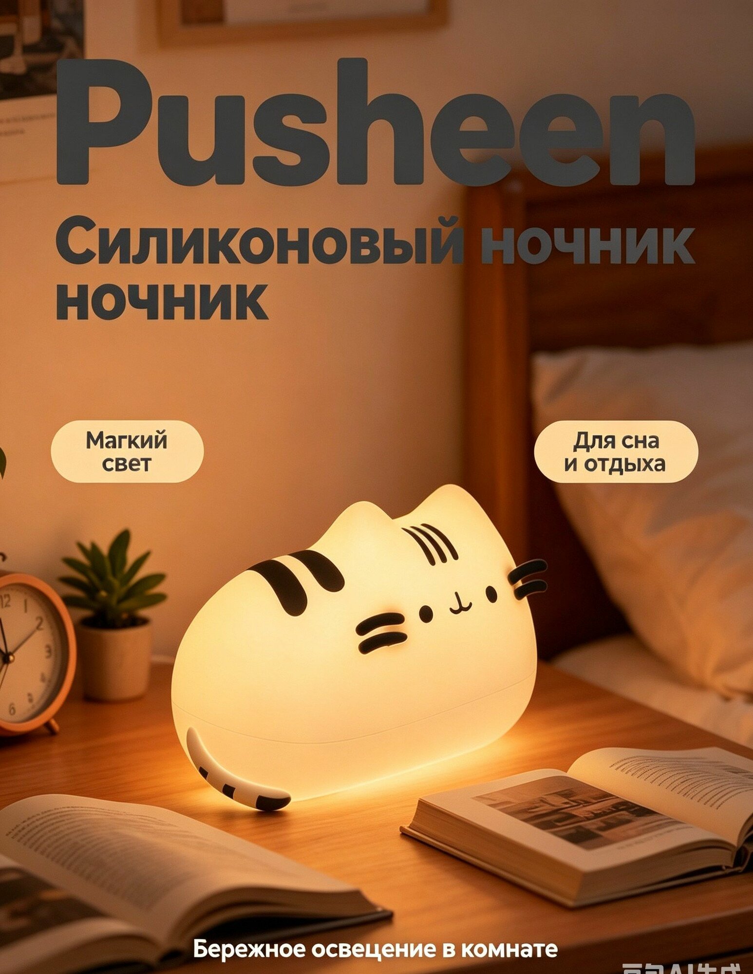 Ночник силиконовый кот Pusheen, светильник для детской комнаты, Подарок
