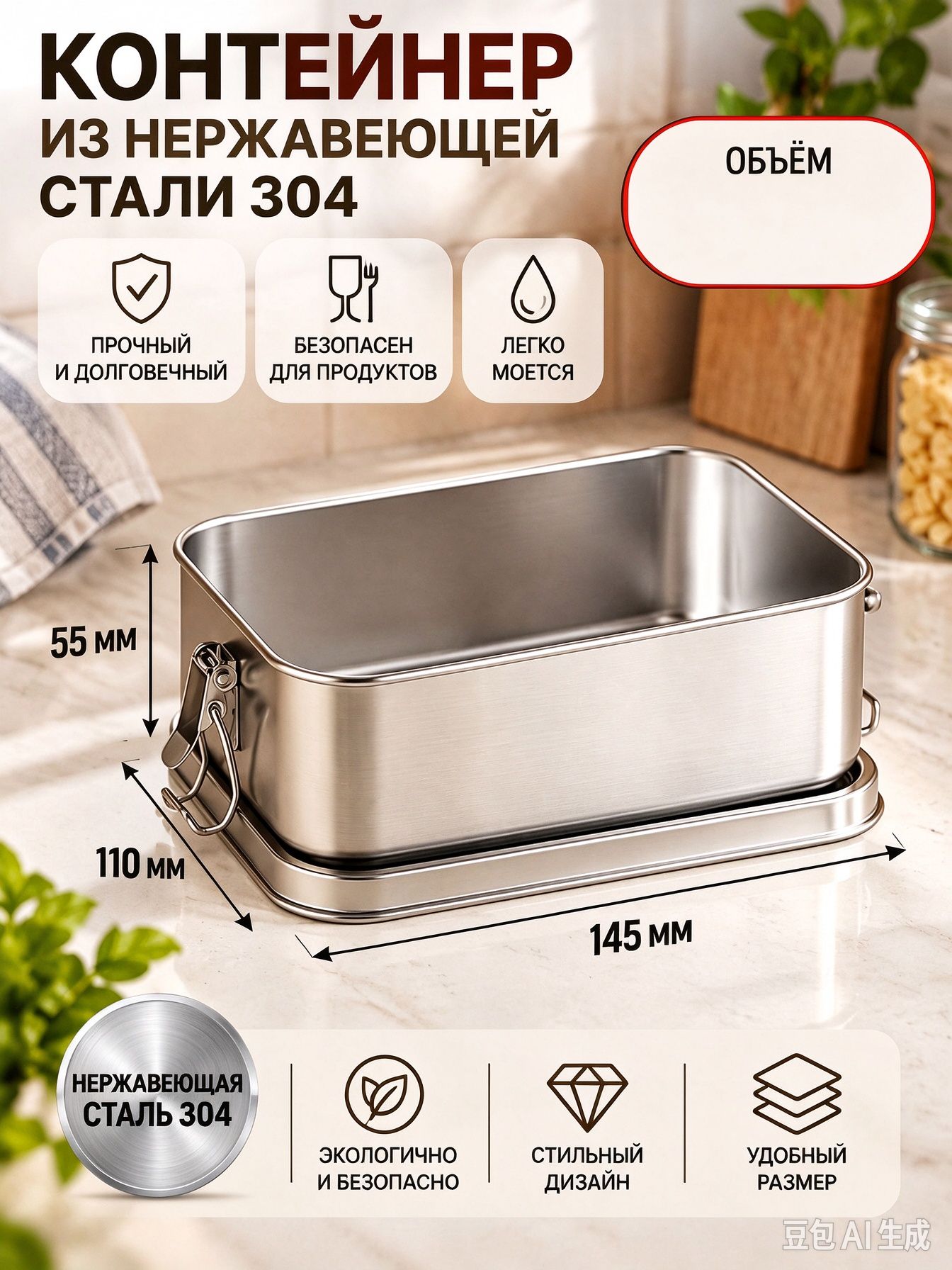 Контейнер пищевой 1400 мл 1 шт нержавеющая сталь