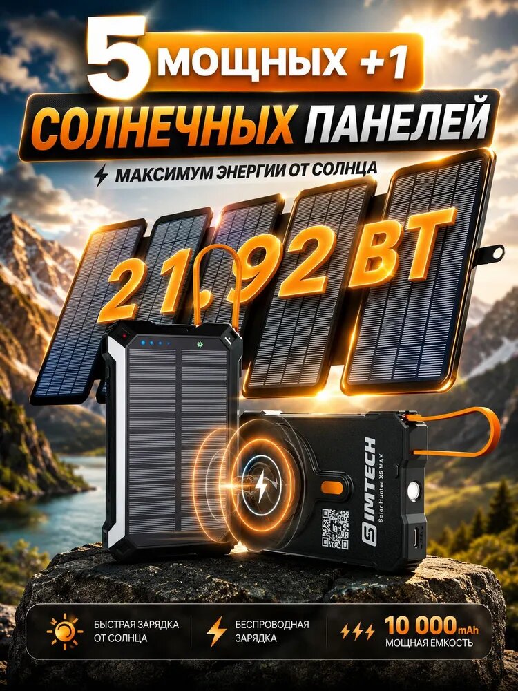 Повербанк 10000mAh со съемными солнечными панелями