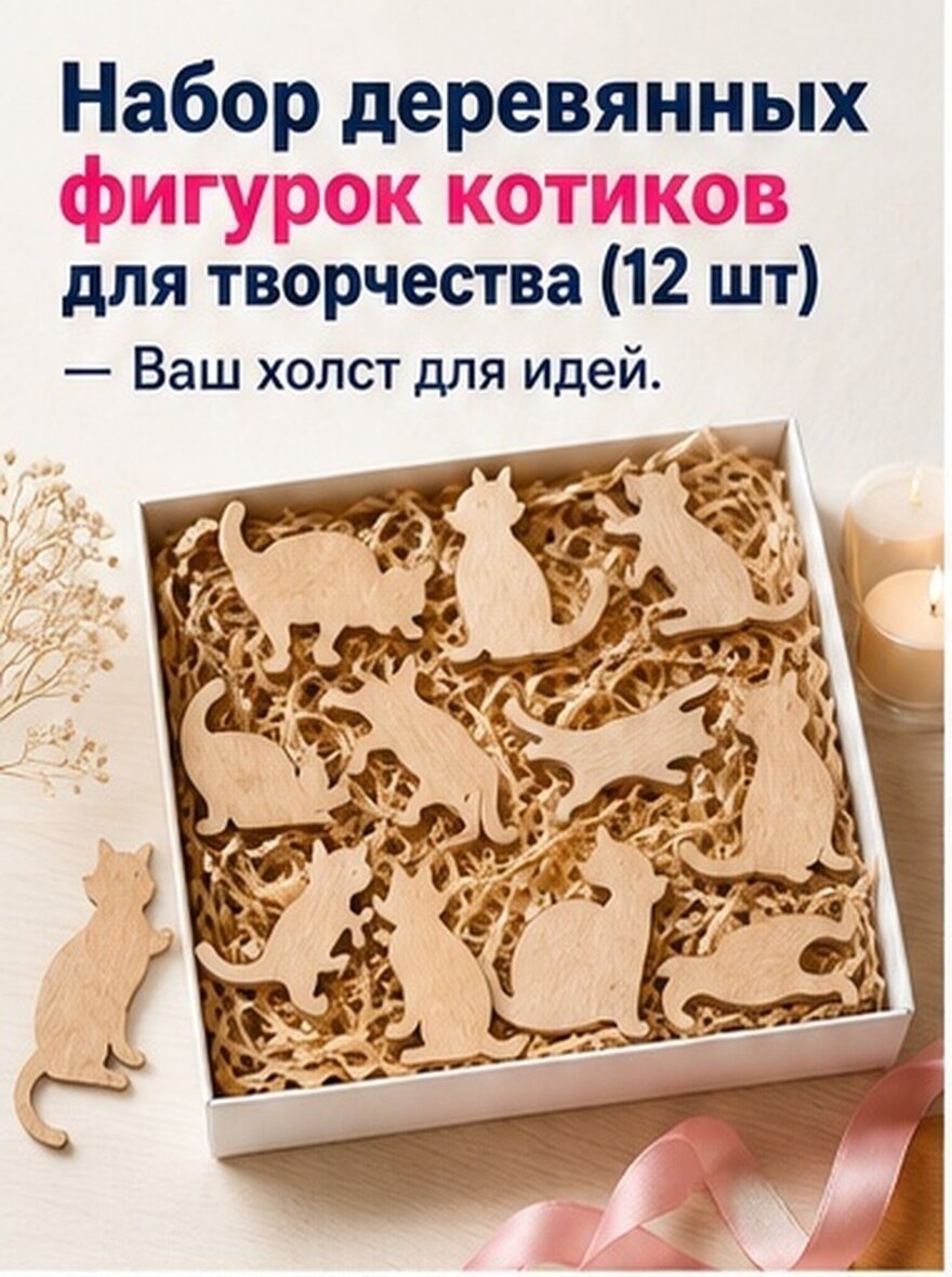 12 Штук Деревянные Вырубки В Forme Кошки Для Рисования DIY Поделки Необработанные Декоративные Элементы 5.00X4.80X0.40Cm