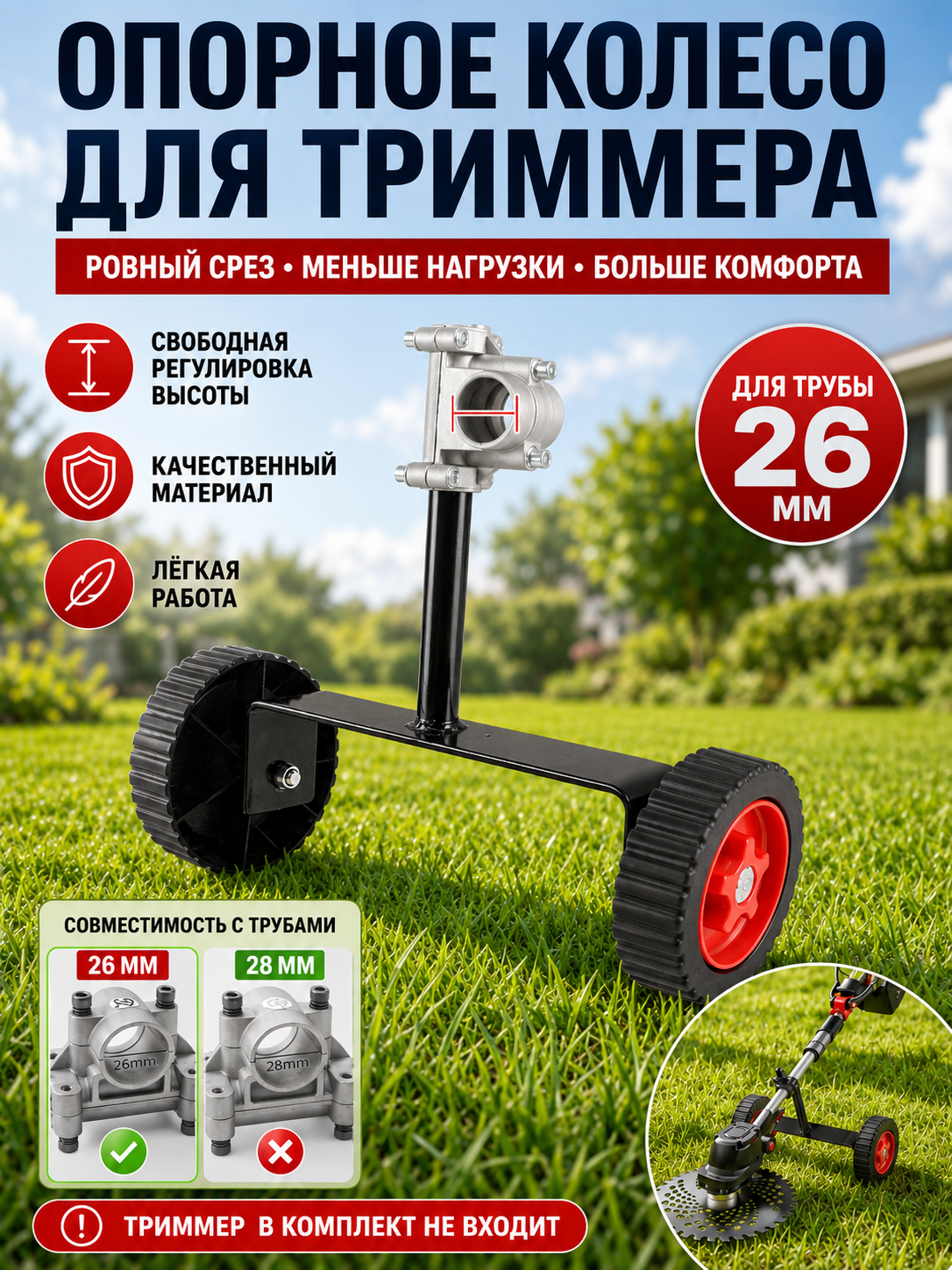 Опорное колесо для триммера под трубу 28 мм, регулируемая высота, для ровного скашивания травы на дачном газоне