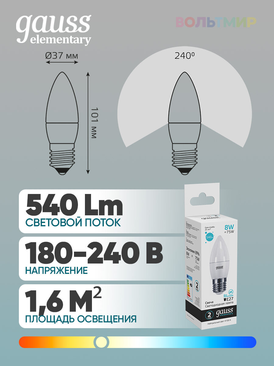 Лампочка светодиодная Gauss LED Elementary CANDLE 8W E27 4100K 33228 5 штук — фото 1