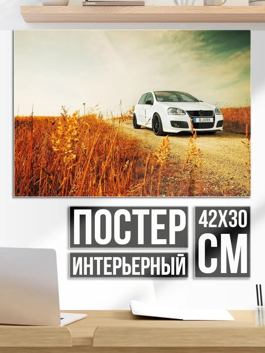 Плакат постер белый хэтчбек в поле