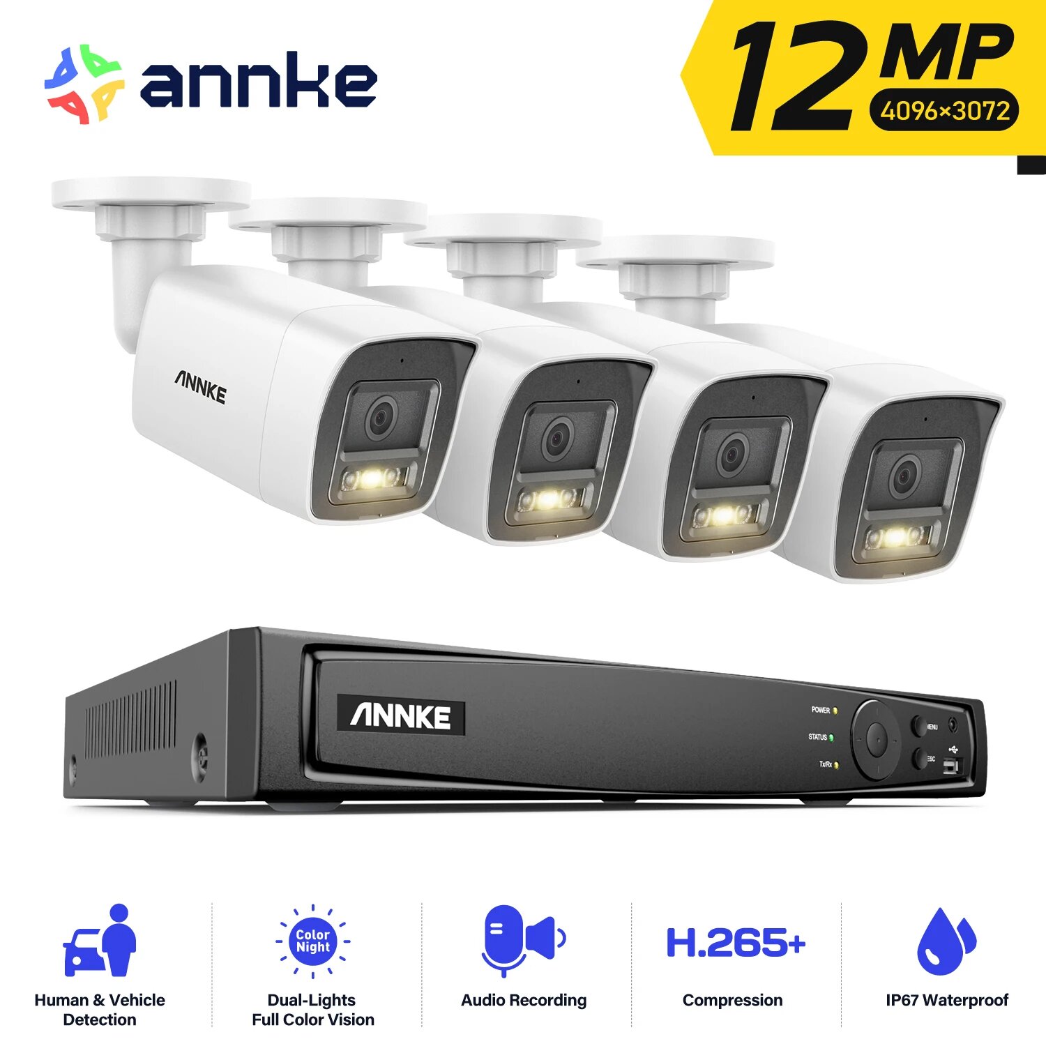 Система безопасности с камерой ANNKE 12MP Ультра HD 3K/5MP POE NVR с встроенным микрофоном, ночным видением с двойным цветом света, набор видеонаблюдения CCTV