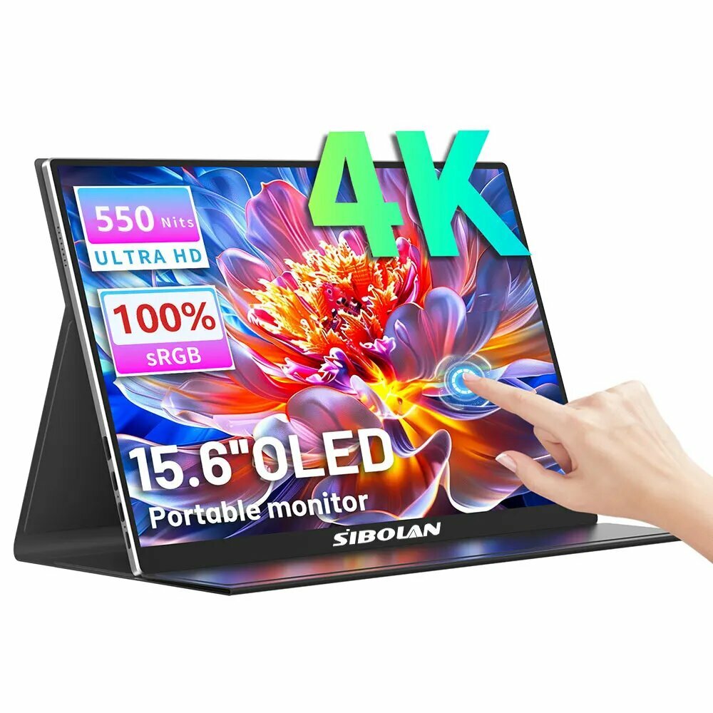 Sibolan 15,6-дюймовый 4K OLED сенсорный экран-расширитель Портативный монитор 100% sRGB Мультисенсорный USB-C HDMI Путешественный монитор для Windows и Mac
