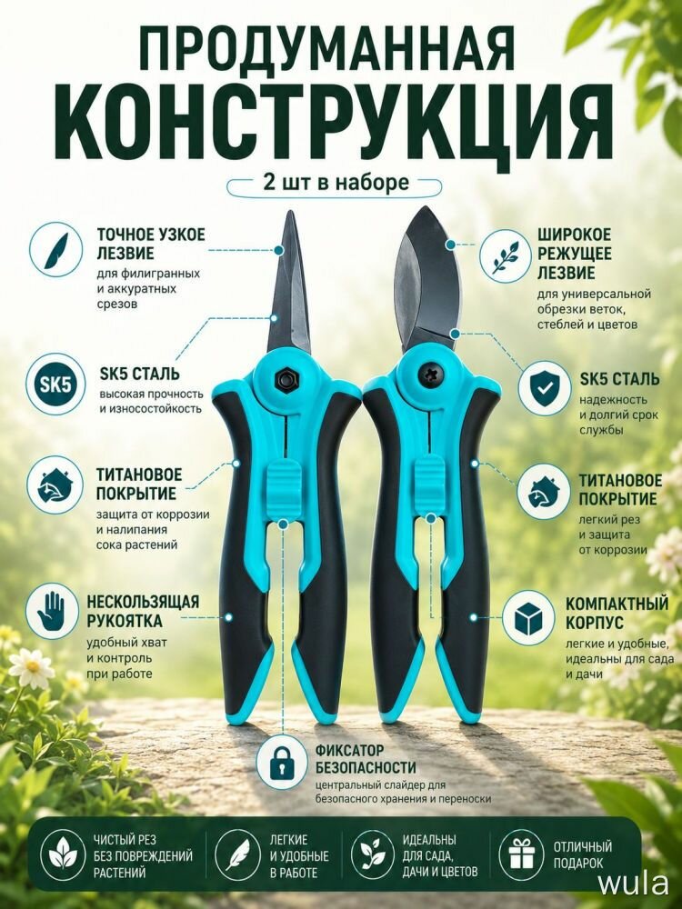 Секатор wula 2 шт с ножами из стали SK5, острыми лезвиями, удобным хватом, для сада и дачи, для растений, секаторы — фото 1