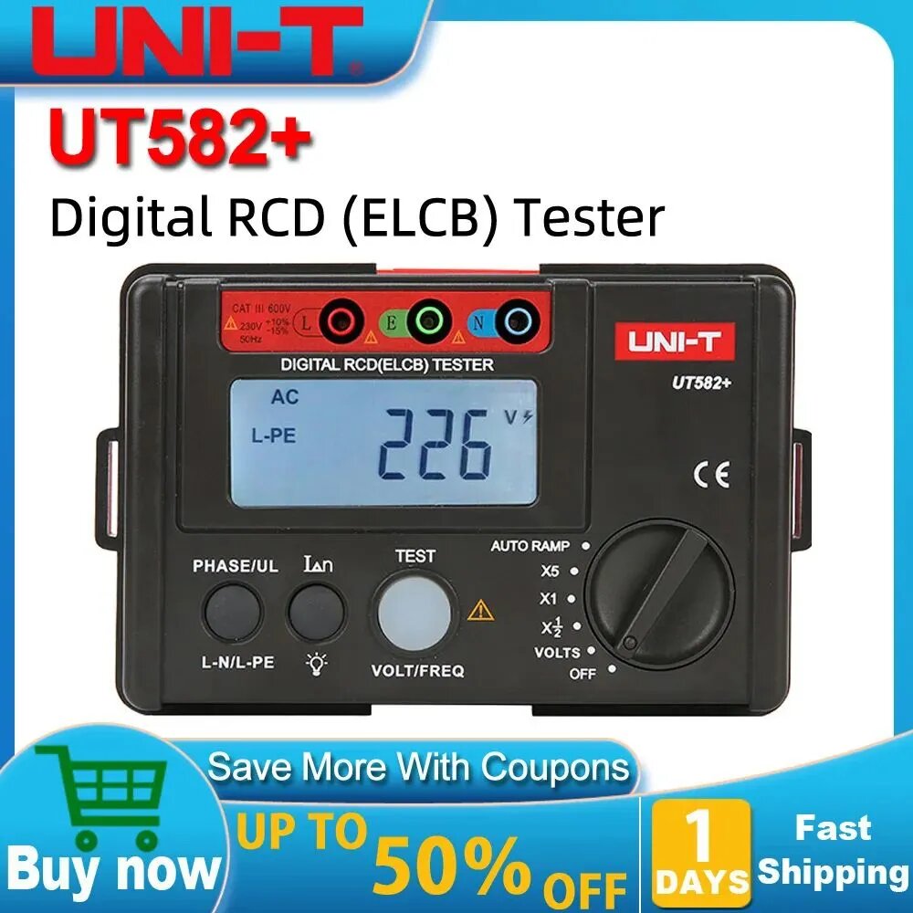 UNI-T UT582+ Цифровой RCD (ELCB) тестер AUTO RAMP Утечка выключателя измеритель с неправильной эксплуатации Buzzer
