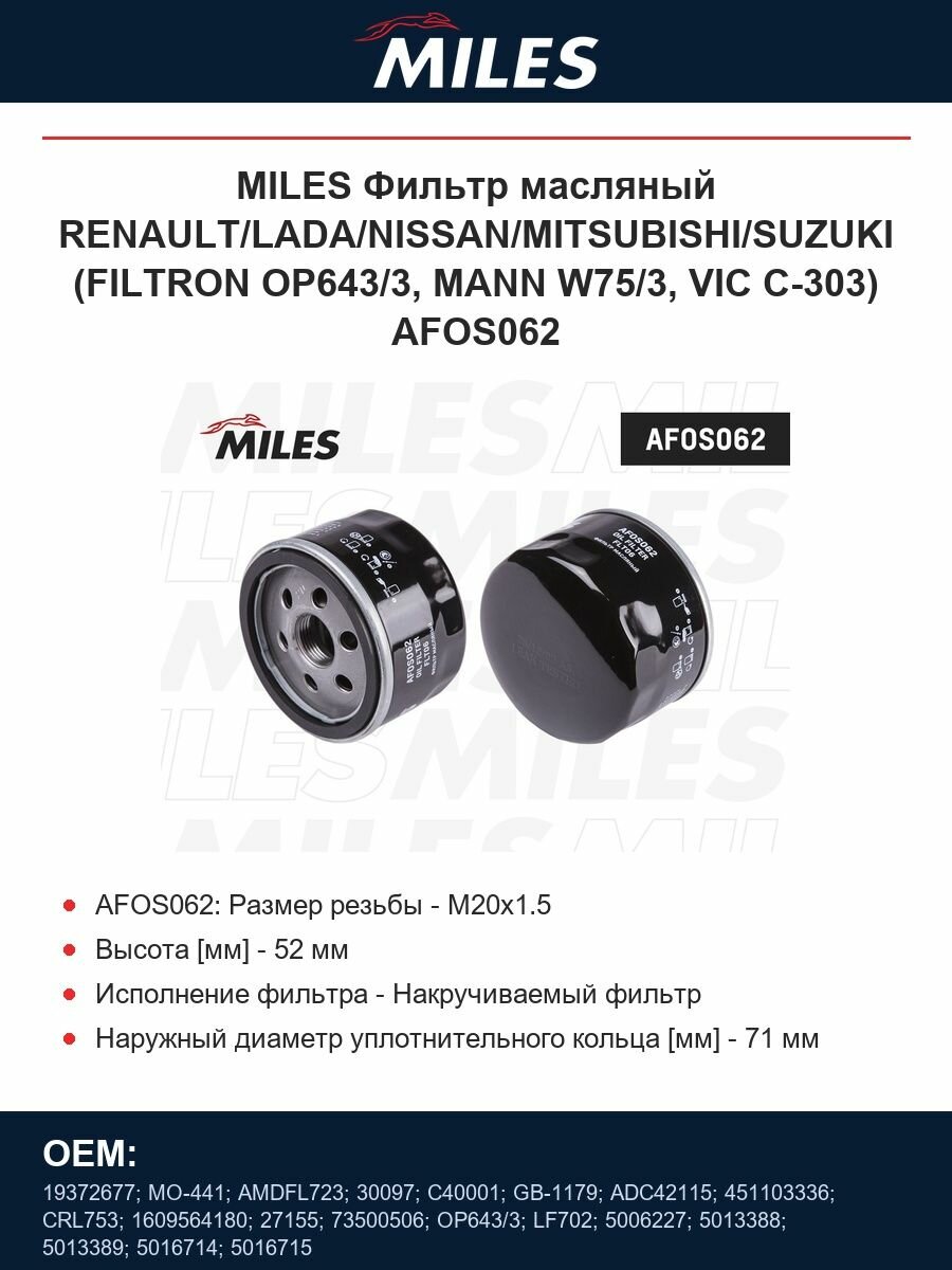 MILES Фильтр масляный RENAULT/LADA/NISSAN/MITSUBISHI/SUZUKI (FILTRON OP643/3, MANN W75/3, VIC C-303) AFOS062