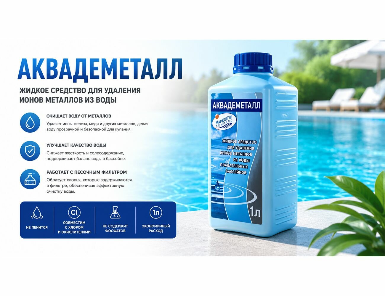 Средство для удаления металлов из воды аквадеметалл 1000 мл, 76502