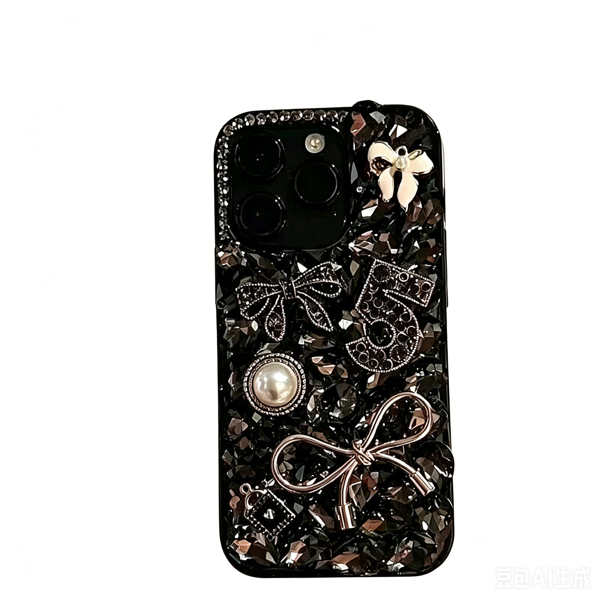 Чехол для iPhone 17 Pro с кристаллами и бантиками, женский люкс, с жемчугом，черный