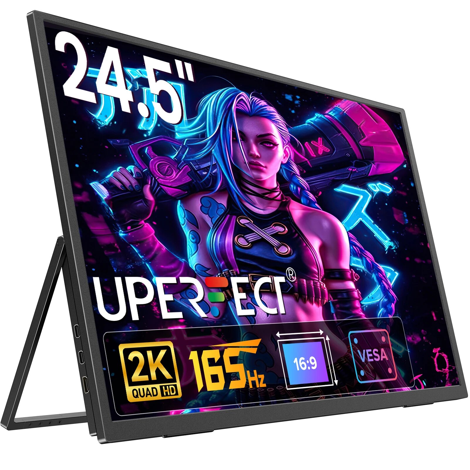 Портативный монитор UPERFECT 24.5" 2K с игровым дисплеем 165 Гц, 105% sRGB, поддержкой крепления VESA, внешний дополнительный экран для ноутбука, ПК, телефона, Xbox