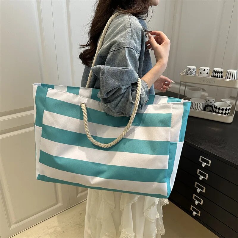 MIHJUSFDH полосатая пляжная сумка Blue Green