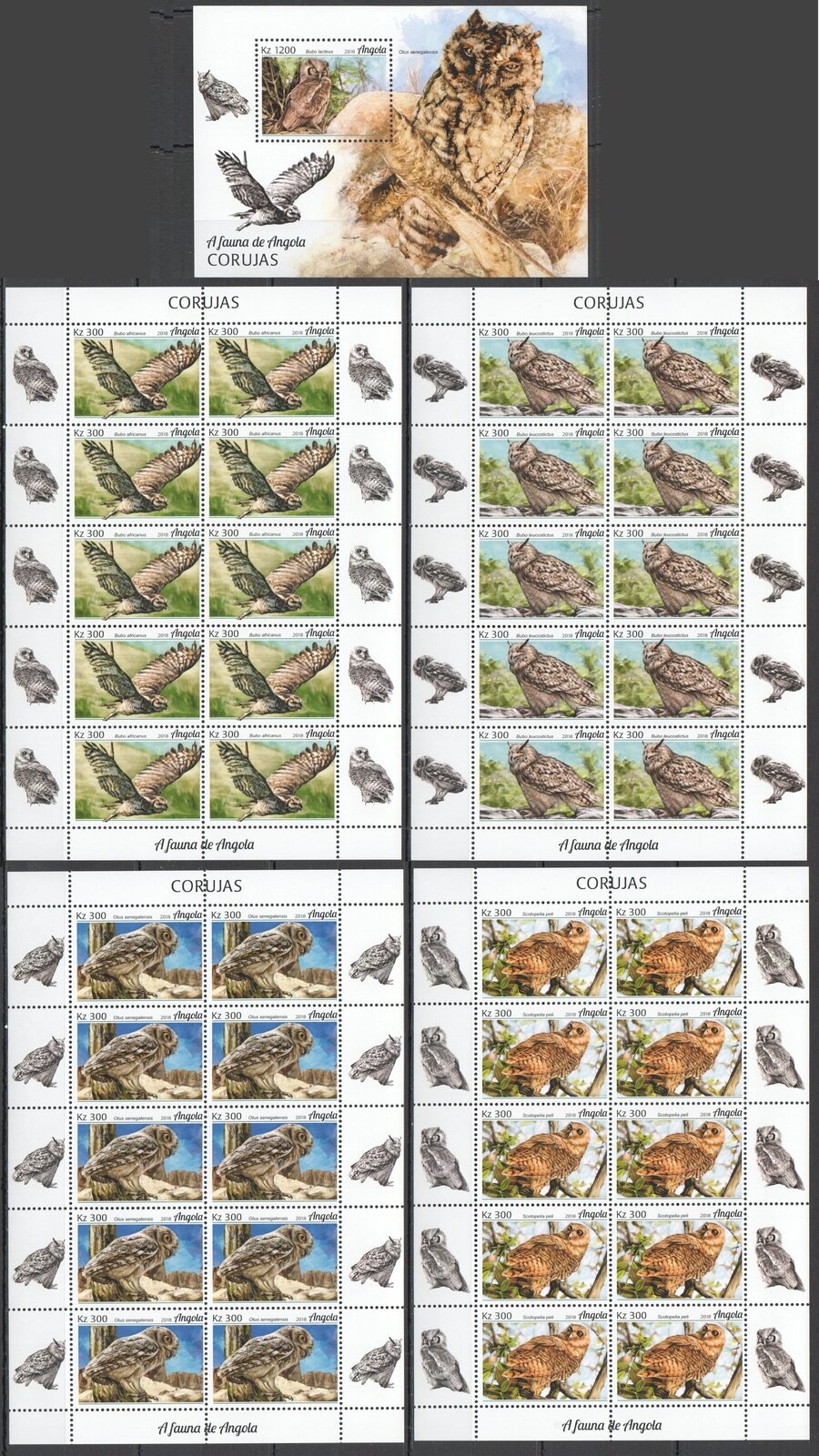 Марки 2018 год Ангола Совы Хищные птицы Фауна #2011-2014 ! 4 Листа+Bl168 Mnh