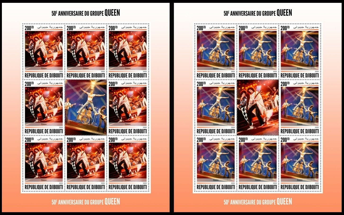 Марки 2020 год Джибути Группа Queen Фредди Меркьюри Музыка #3569-3570 ! 2 полных листа Mnh