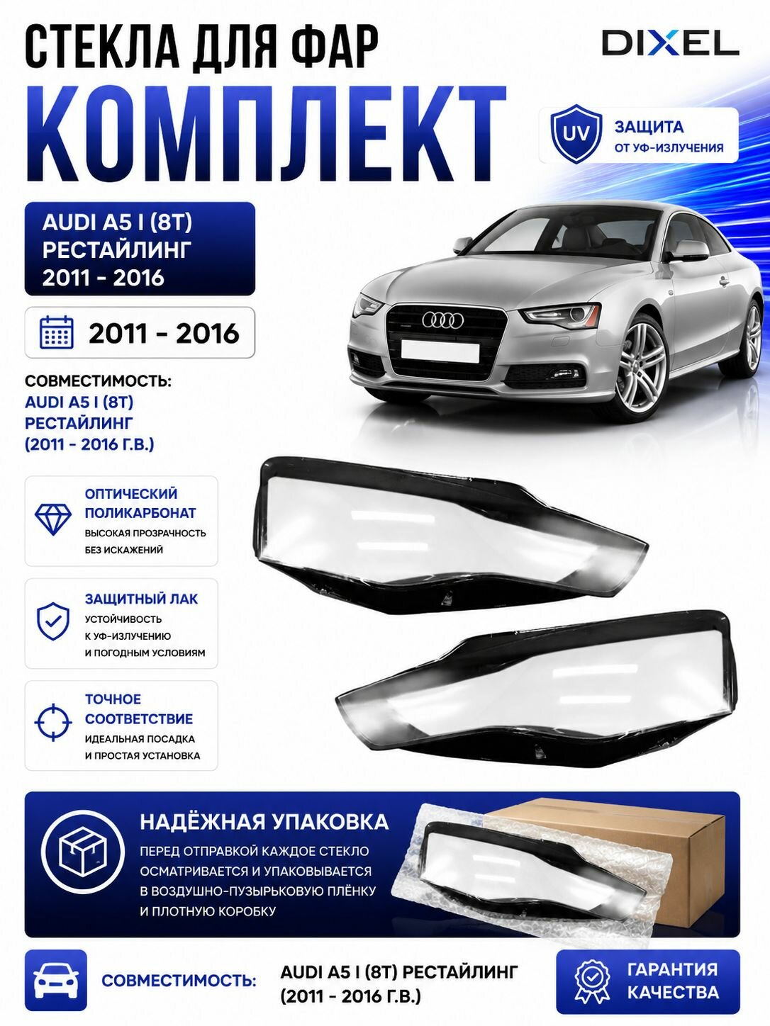 Стекла для фар Audi A5 1 (8T) Рестайлинг 2011 - 2016 Комплект / Стекла на Ауди А5