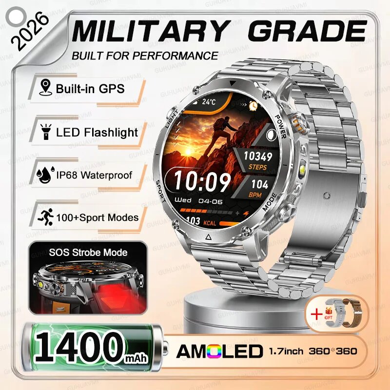 Мужские умные часы Военного класса с аккумулятором 1400 мАч Silver Steel 2A