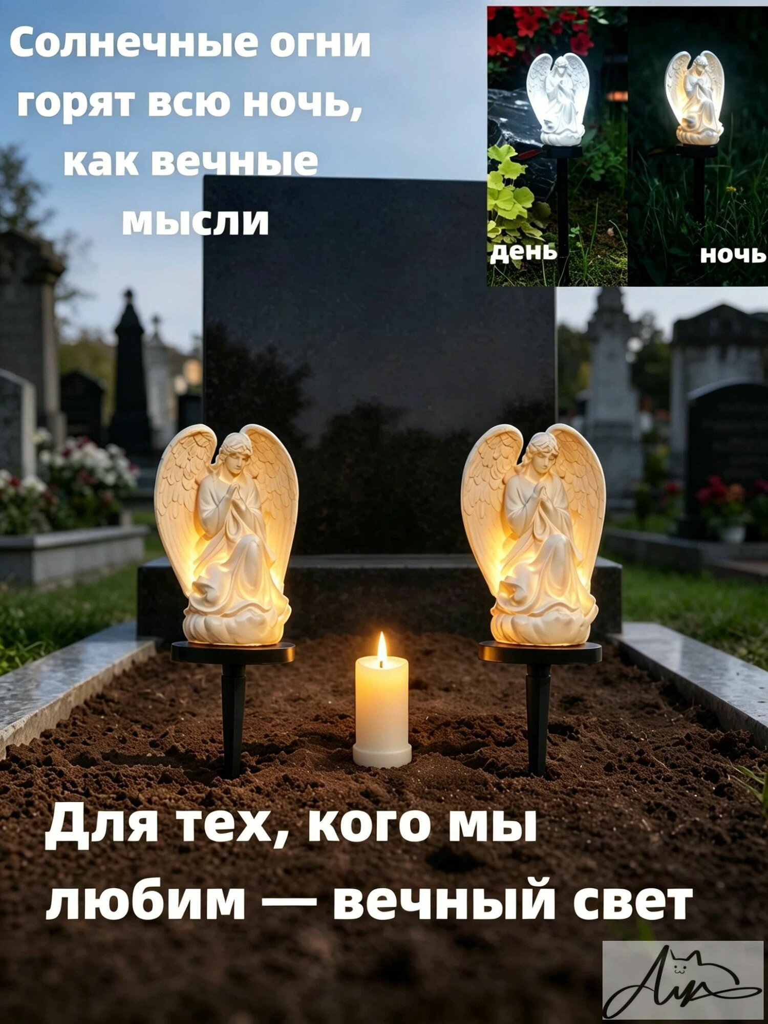 Солнечный светильник Ангел для кладбища и памятного места, тёплая LED подсветка